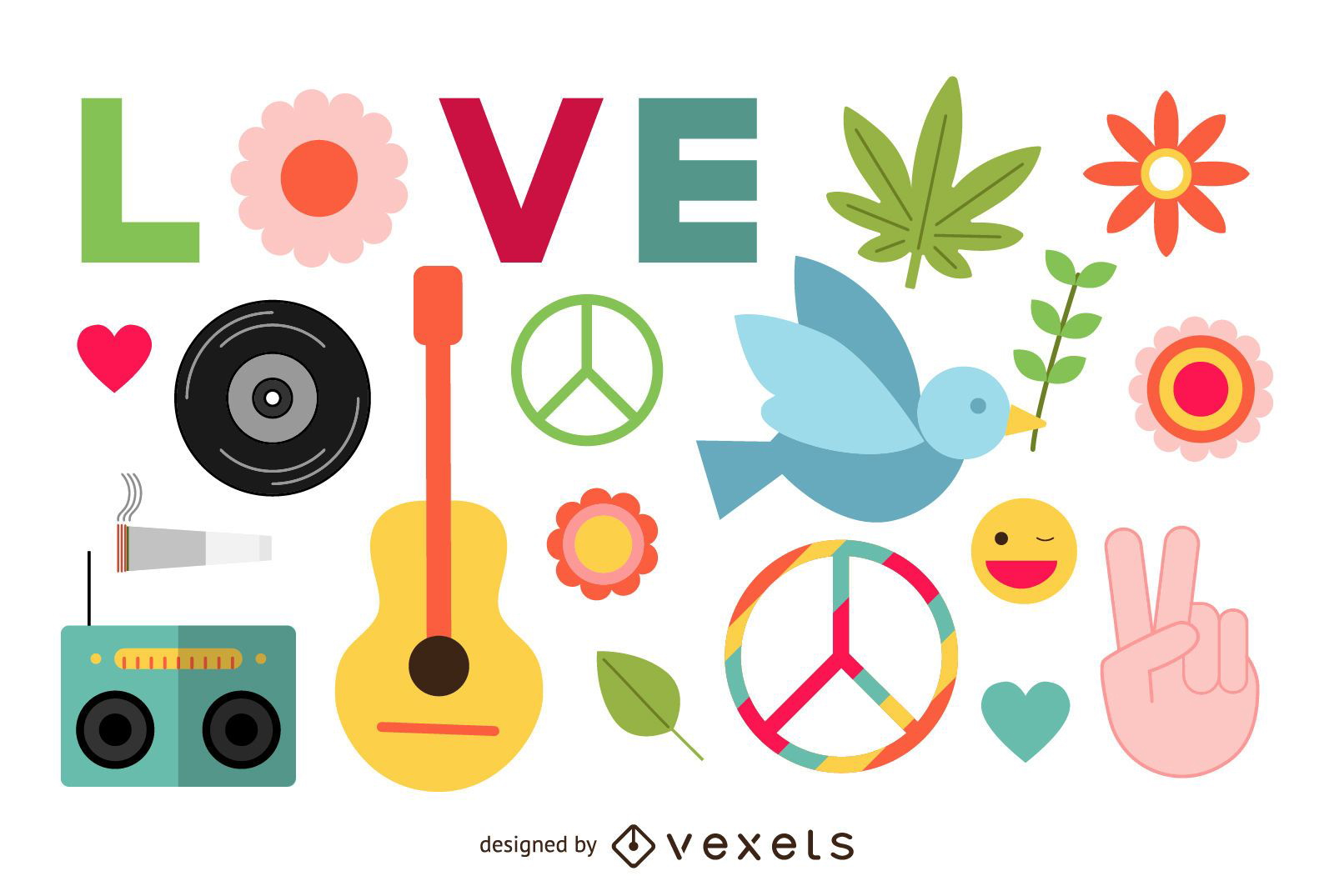 Flat Hippie Peace Elements Set Vector Download
