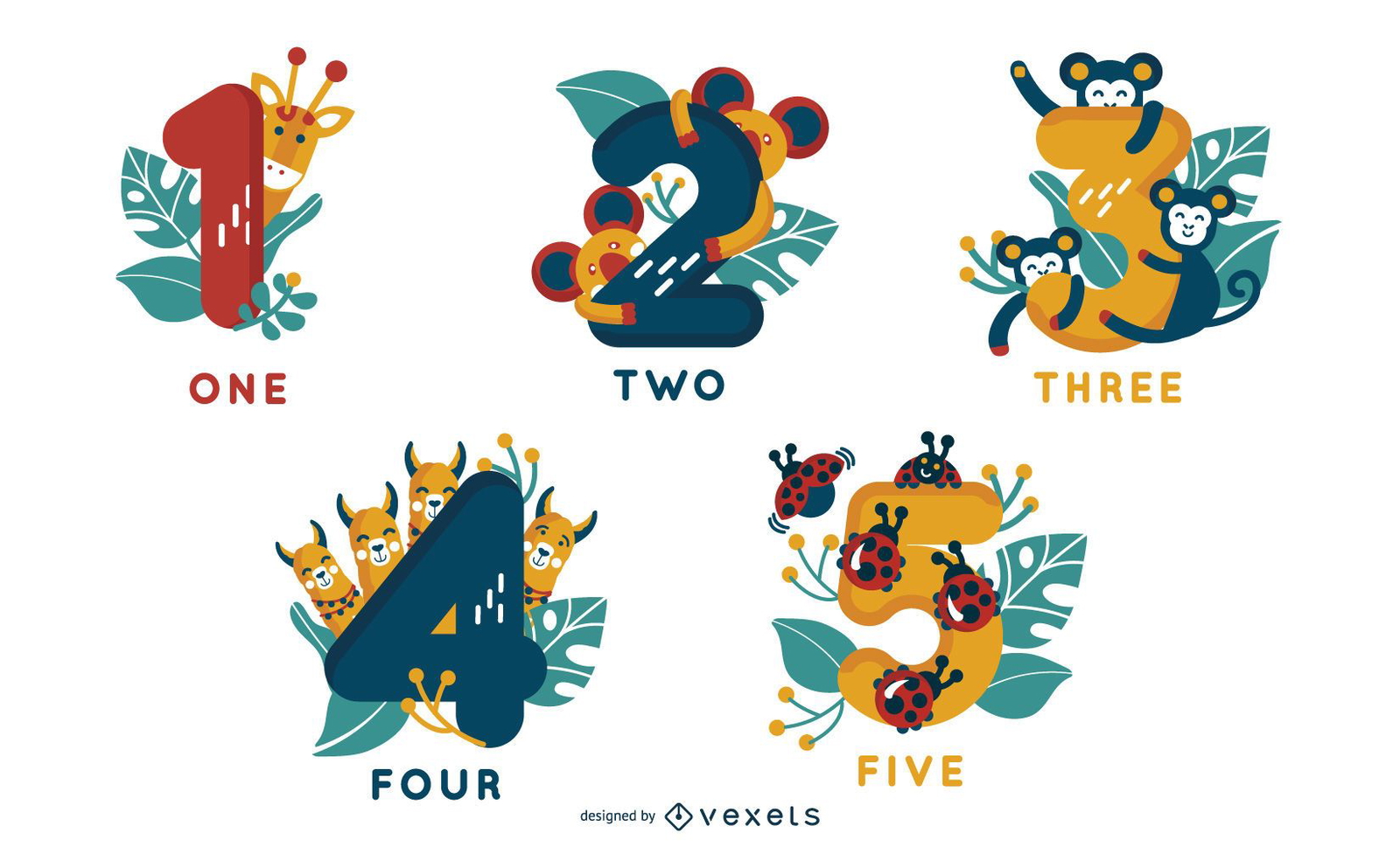 Animal Alphabet Number Designs 1-5 Vector Download