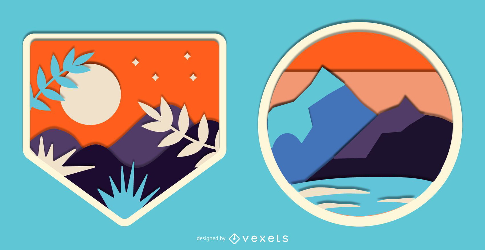 Papercut Landscape Nature Badge Set Vector Download