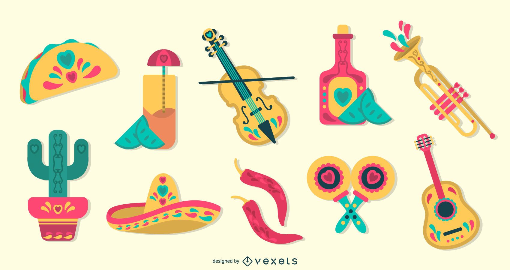 Mexican Flat Design Elements Set Vector Download