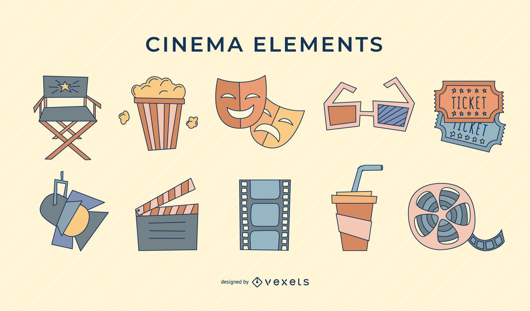 Cinema Retro Elements Stroke Set Vector Download