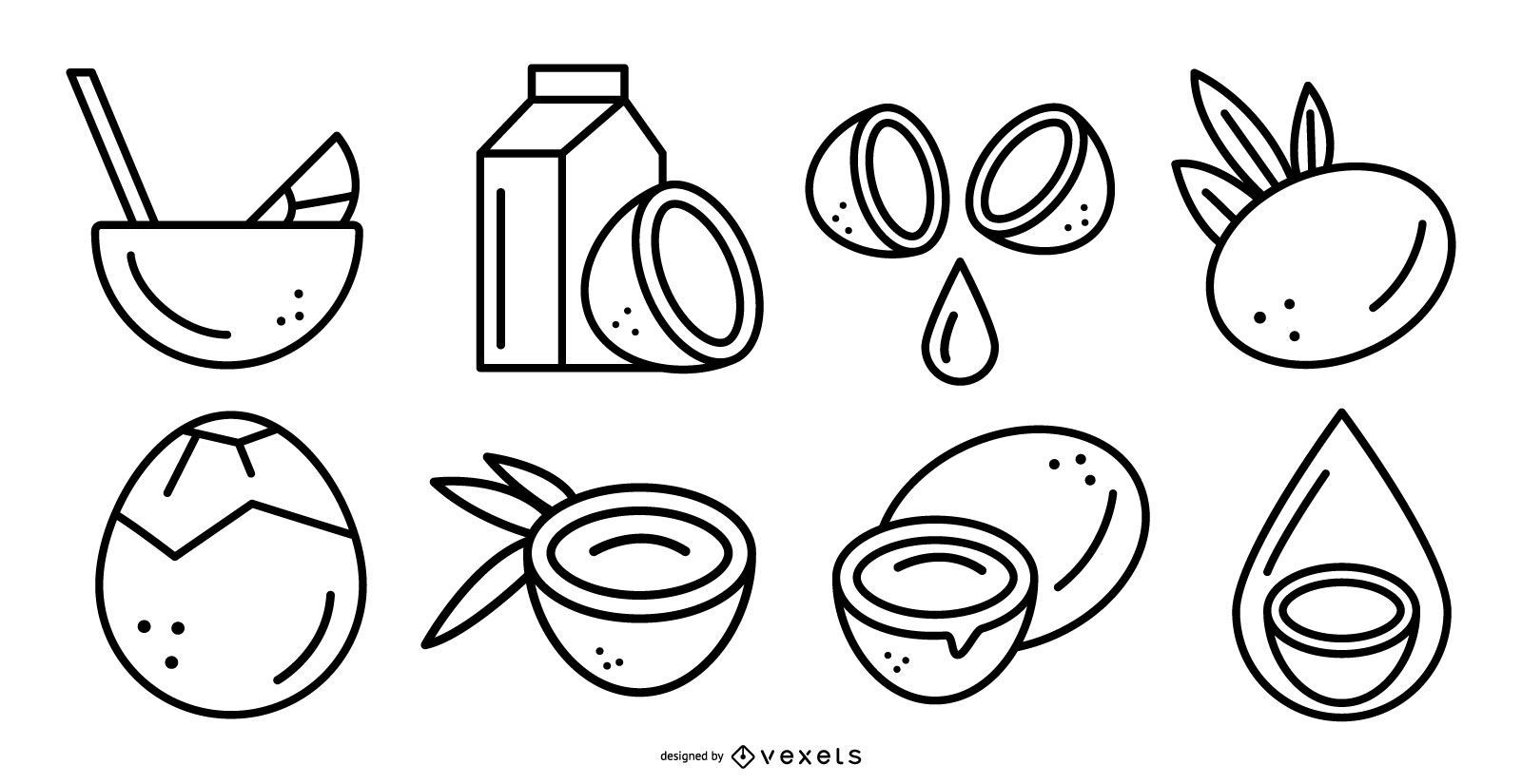 Coconut Elements Stroke Set Vector Download