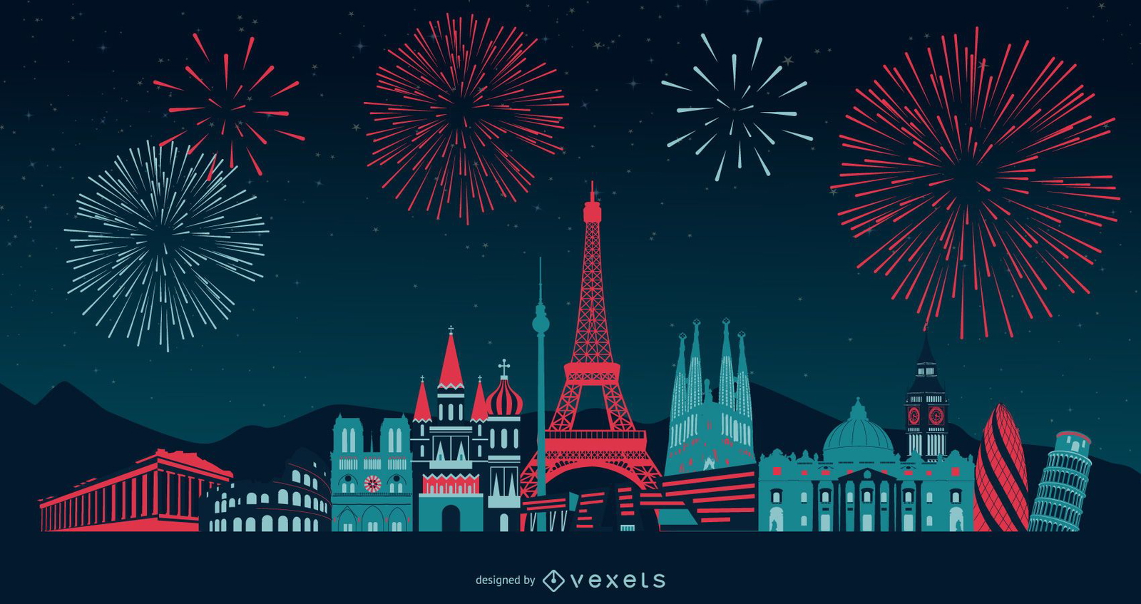 Europe Fireworks Skyline Design Vector Download