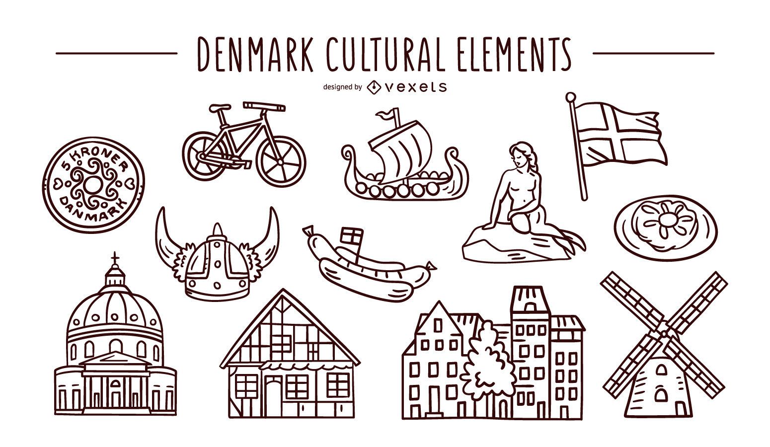 Denmark Cultural Elements Stroke Set Vector Download