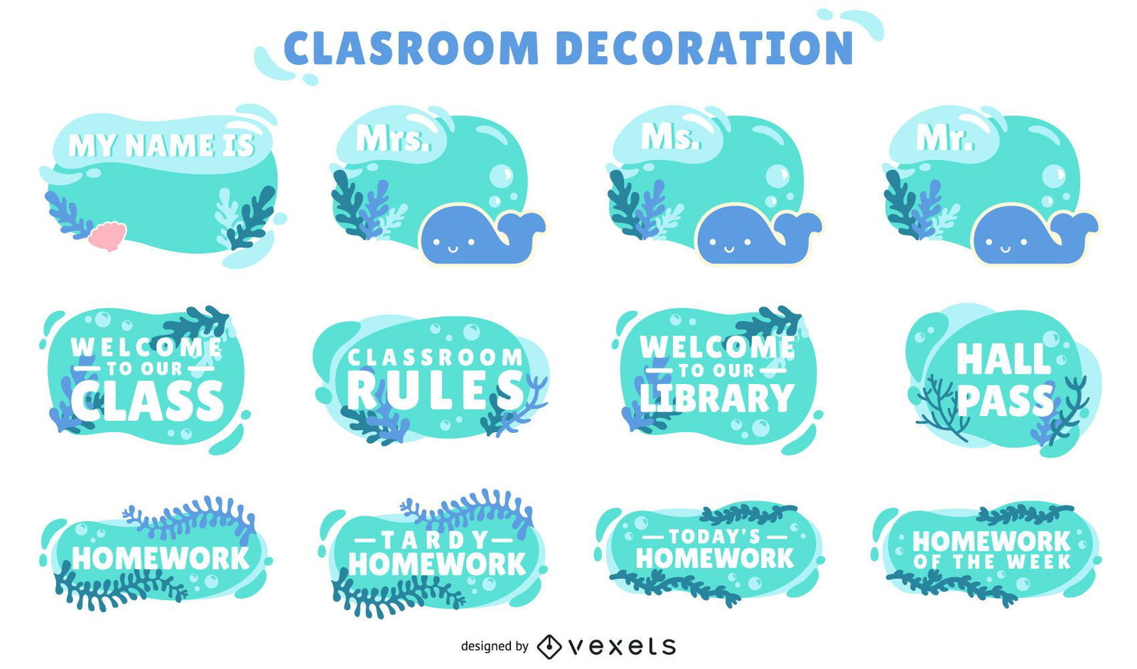 Ocean Classroom Decorative Labels Set Vector Download