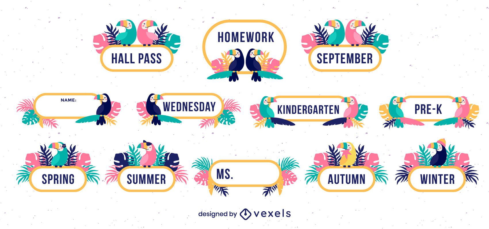 Tropical Classroom Decorative Labels Set Vector Download