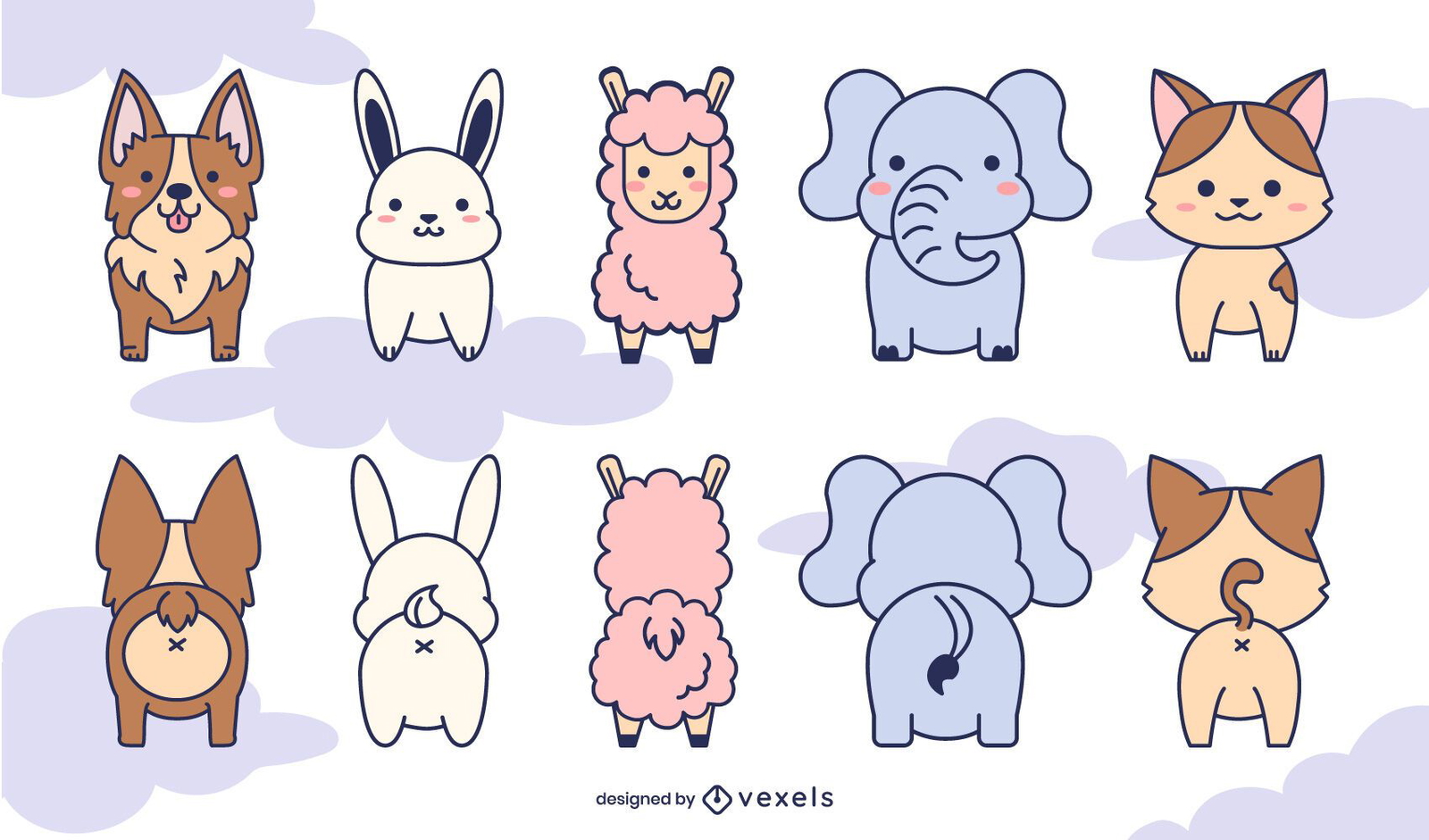 Front And Back Cute Animals Set Vector Download