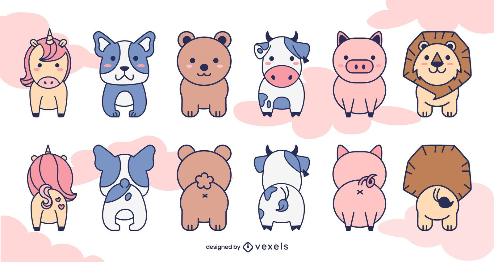 Cute Front And Back Animals Set Vector Download