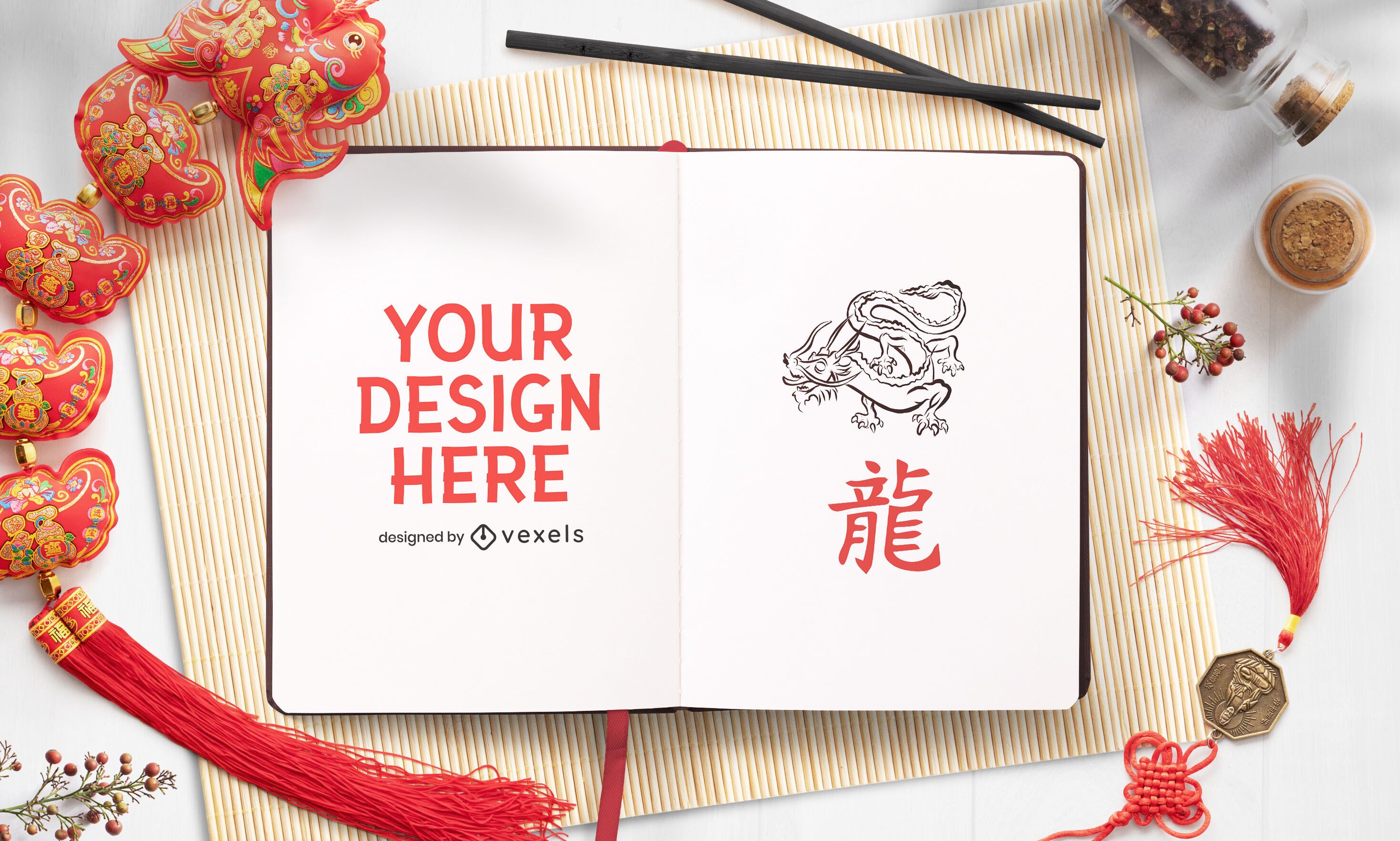 Chinese Notebook Mockup Composition PSD Editable Template