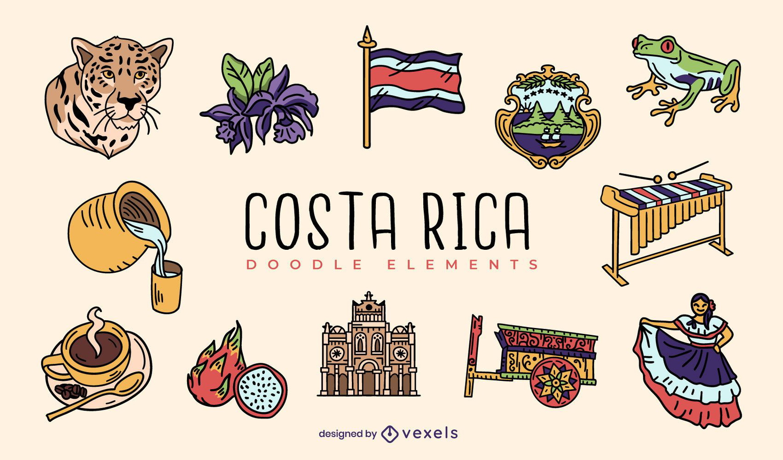 Costa Rica Doodle Elements Set Vector Download