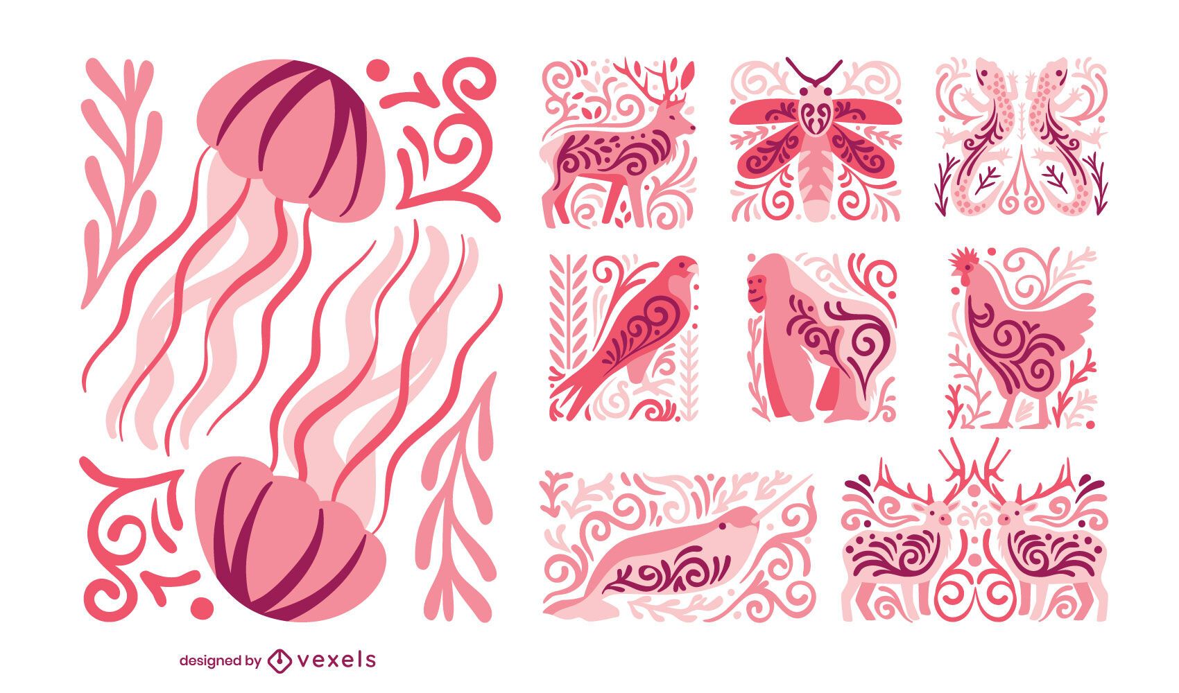Ornate Animal Composition Set Vector Download