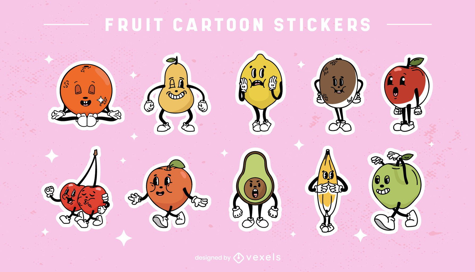 Fruit Retro Cartoon Sticker Set Vector Download