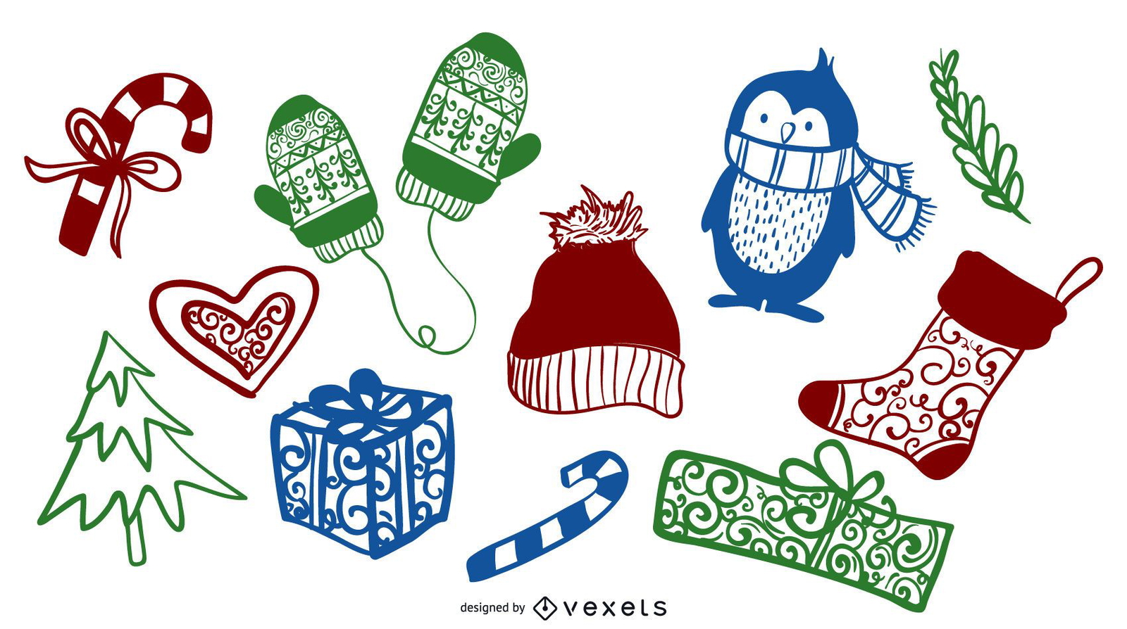 Colorful Christmas Winter Doodle Elements Vector Download