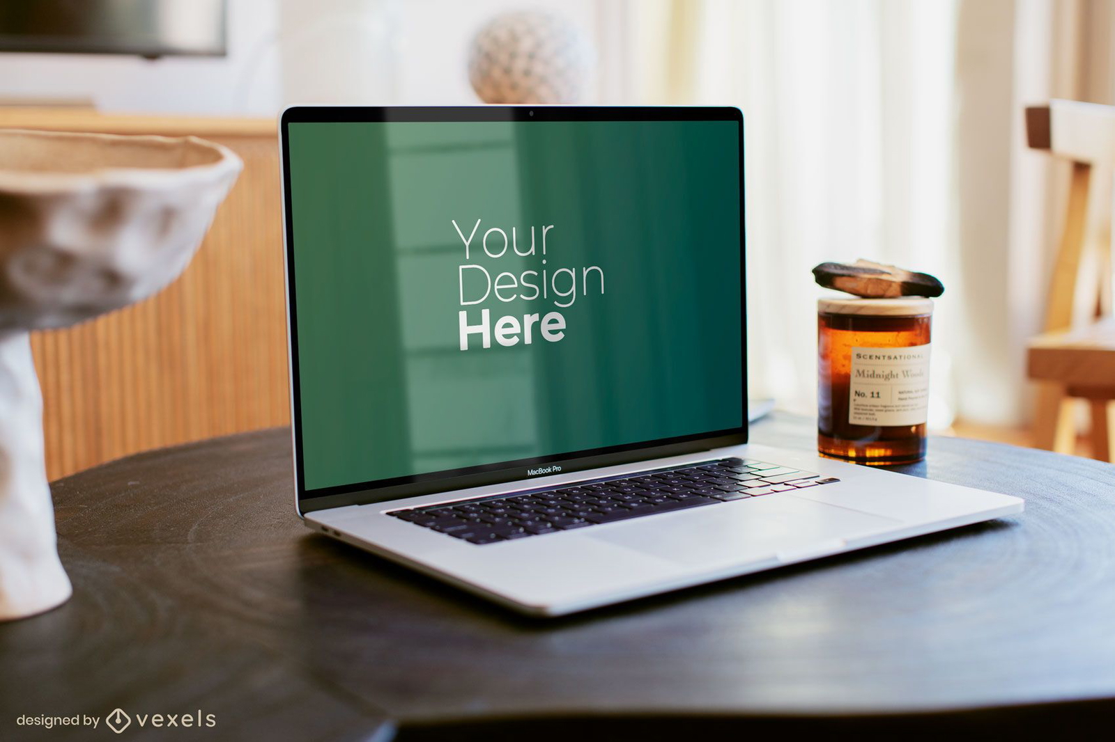 Silver Macbook Laptop On Wooden Table Mockup Vector Download