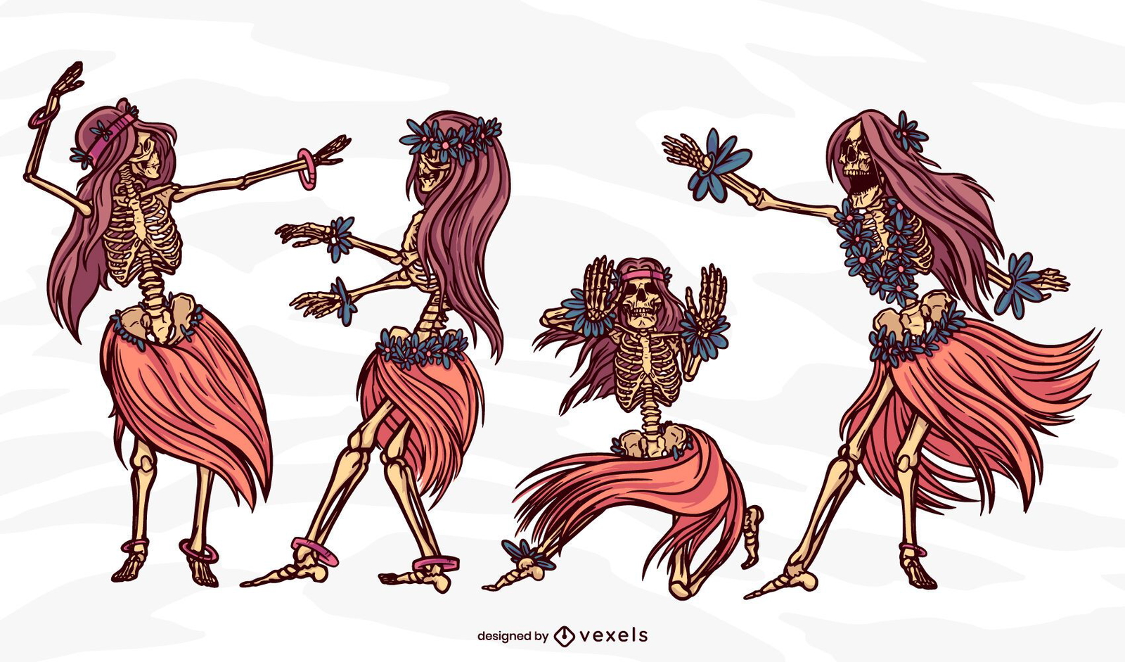 Hula Hula Skeleton Dancing Girl Set Vector Download