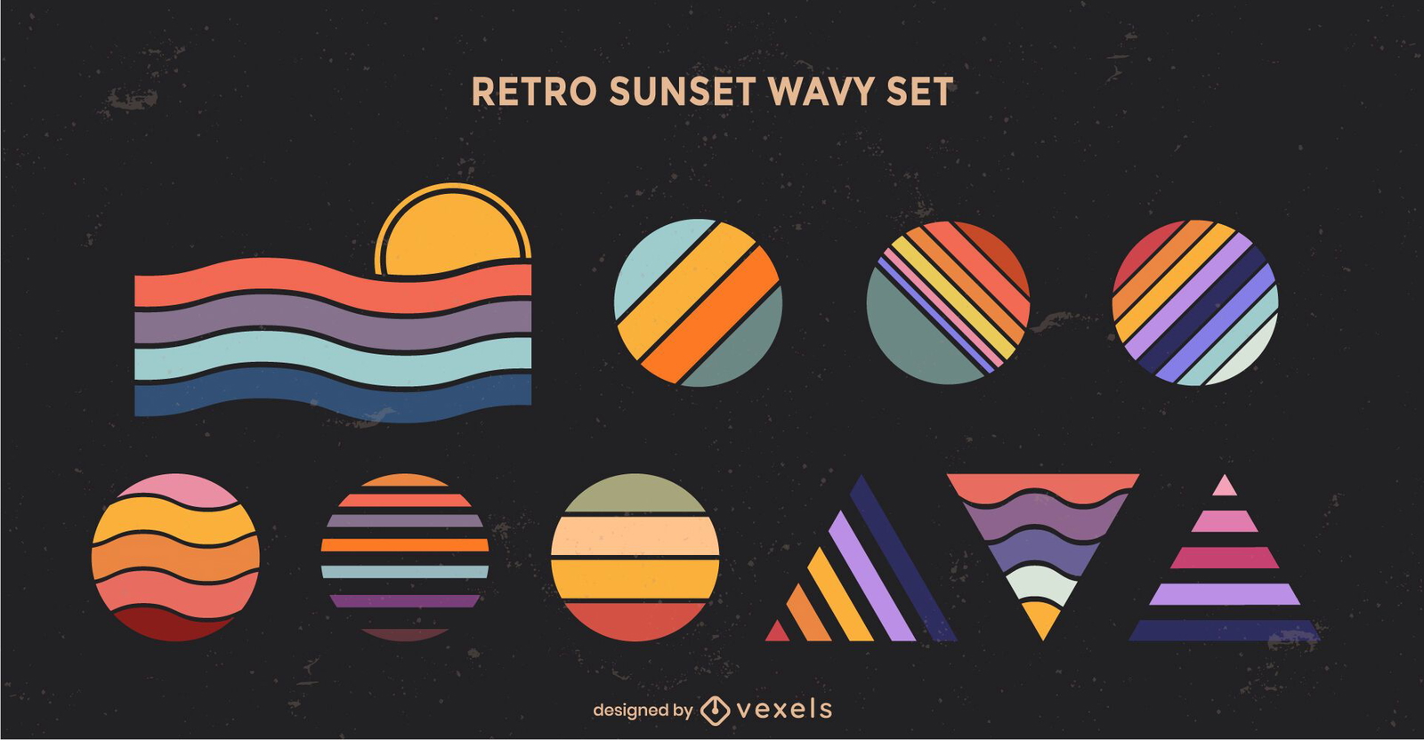 Retro Sunset Geometric Wavy Shapes Set Vector Download
