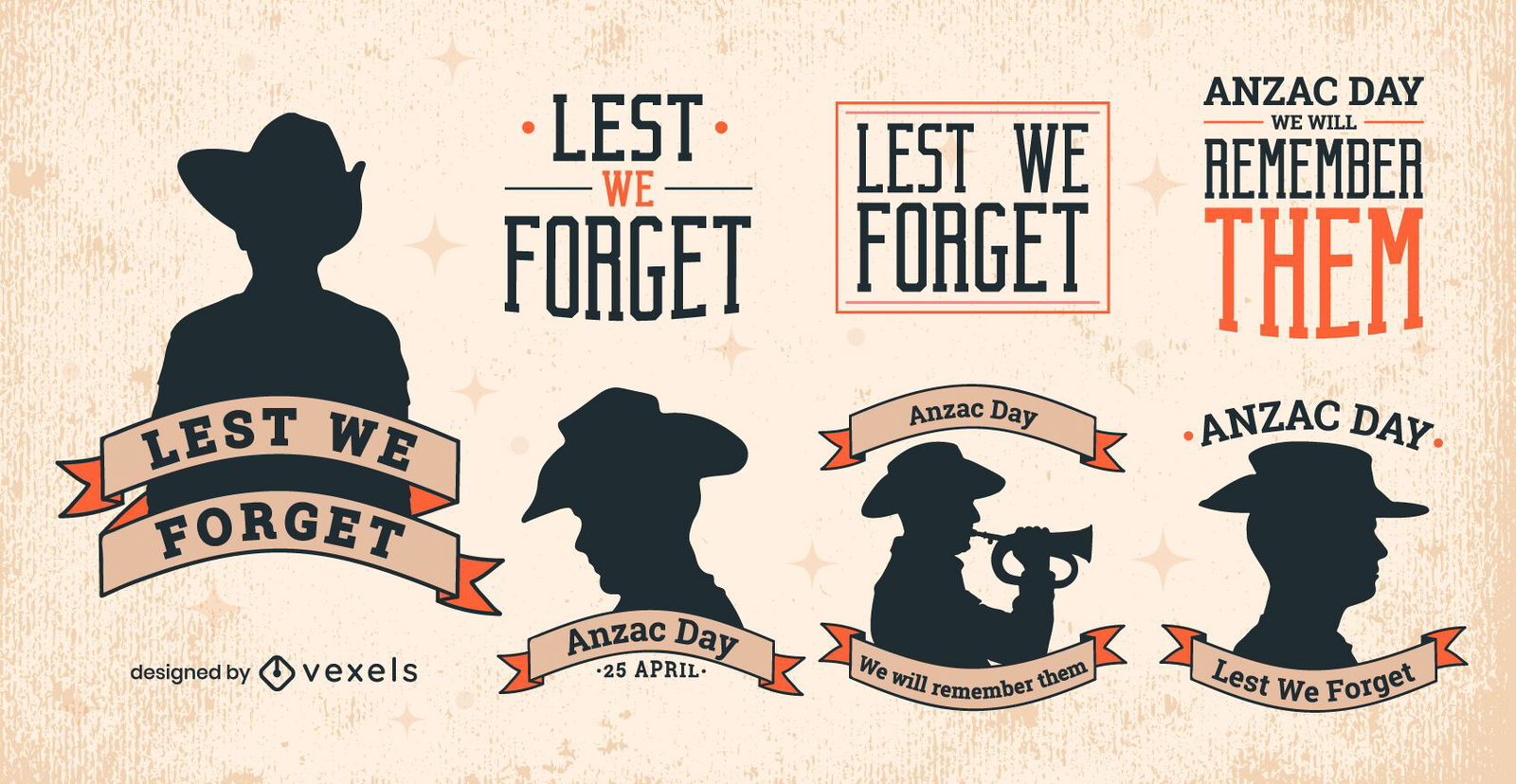 Holiday Anzac Day Badges Silhouette Set Vector Download