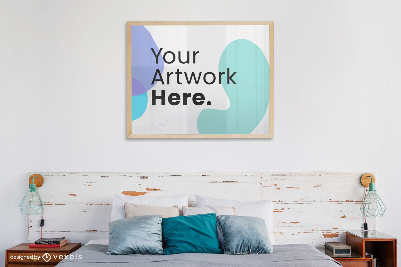 Horizontal Frame On Bedroom Wall Mockup PSD Editable Template