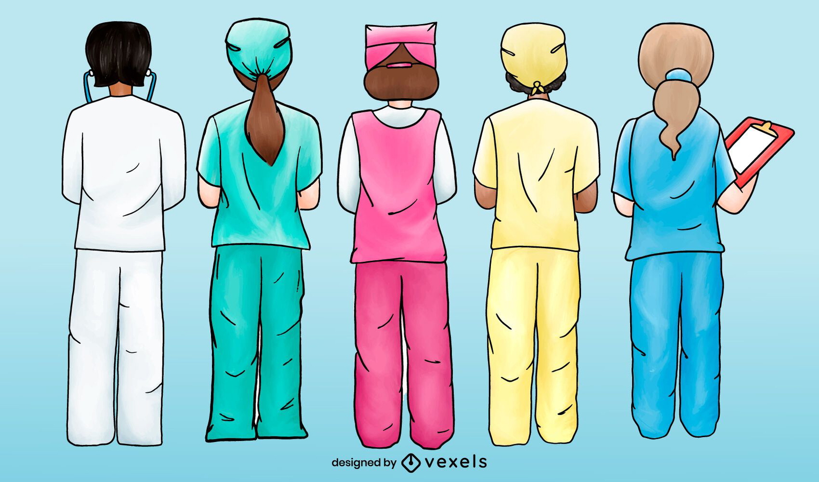 Nurses Working Backwards Watercolor Set Vector Download