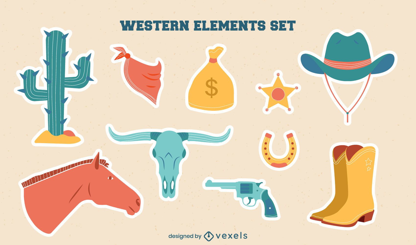 Western Elements Stickers Set Vector Download