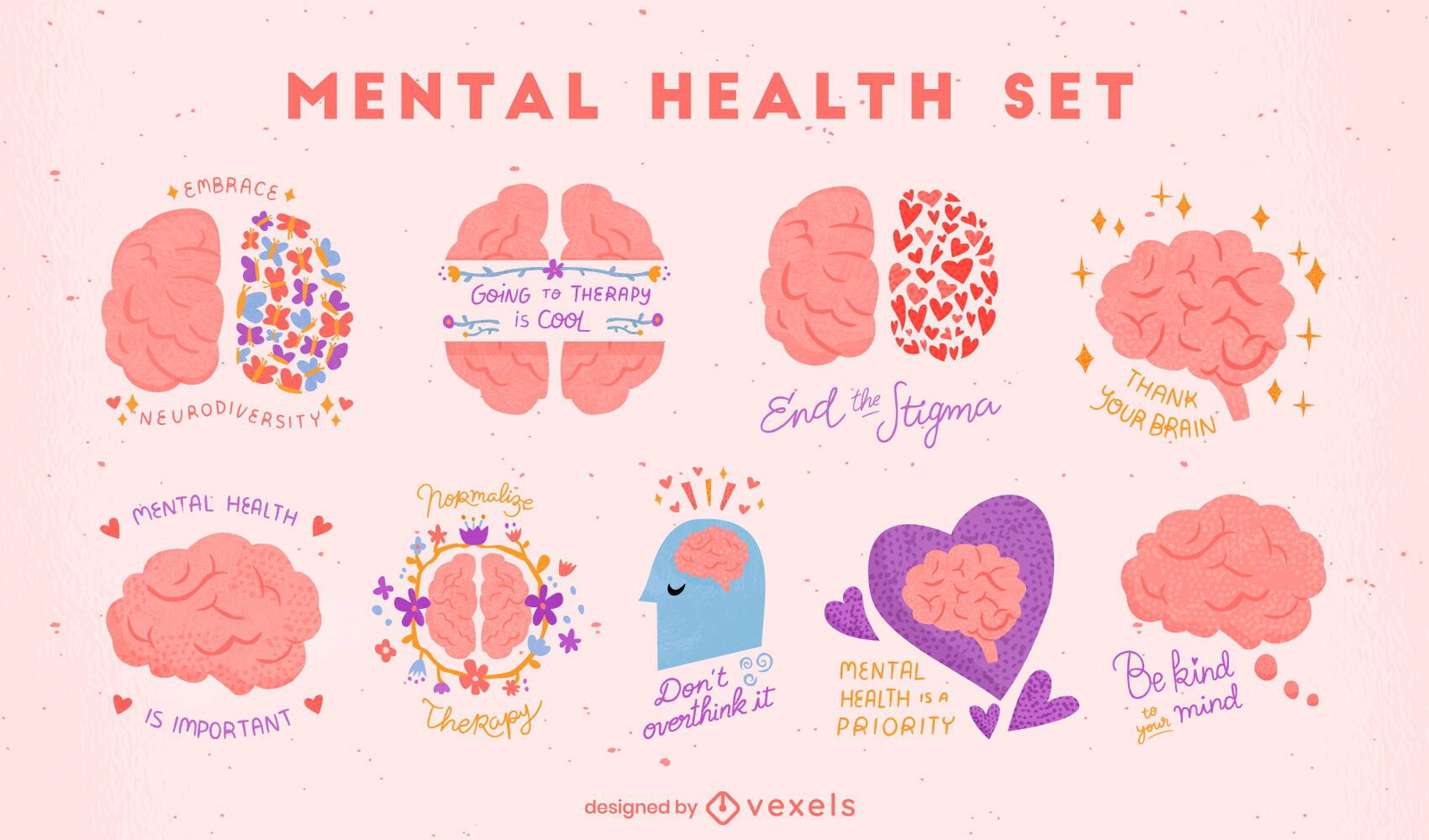 Set Of Mental Health Awareness Brains Vector Download