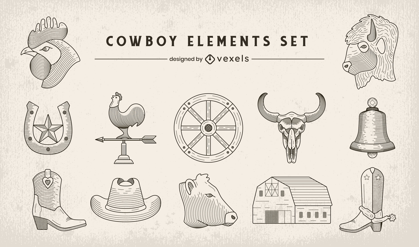 Cowboy Line Art Elements Set Vector Download