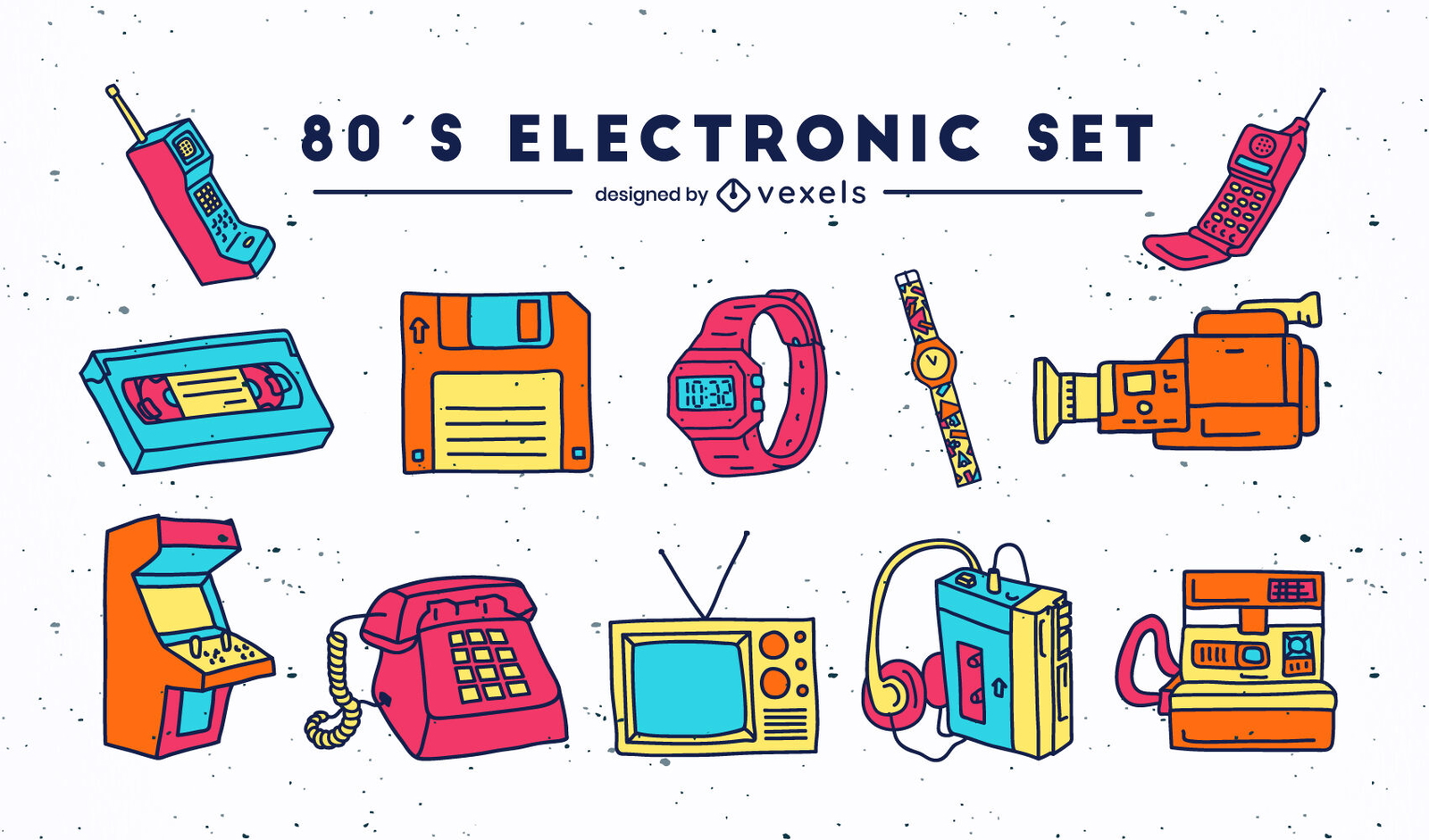 Electronic Tech Elements 80s Set Color Stroke Vector Download