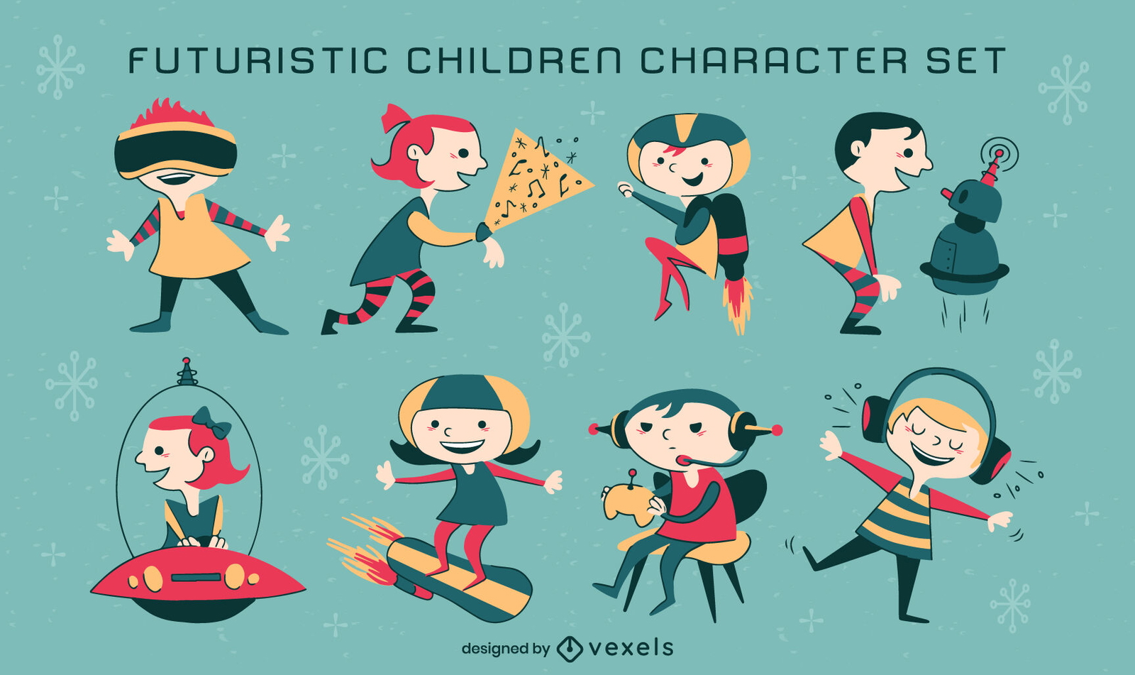 Children Futuristic Retro Cartoon Set Vector Download