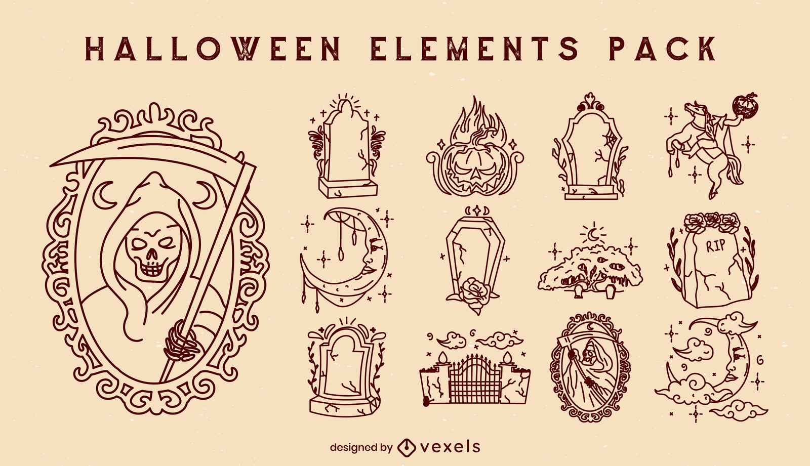 Haunted Halloween Items Collection Stroke Vector Download