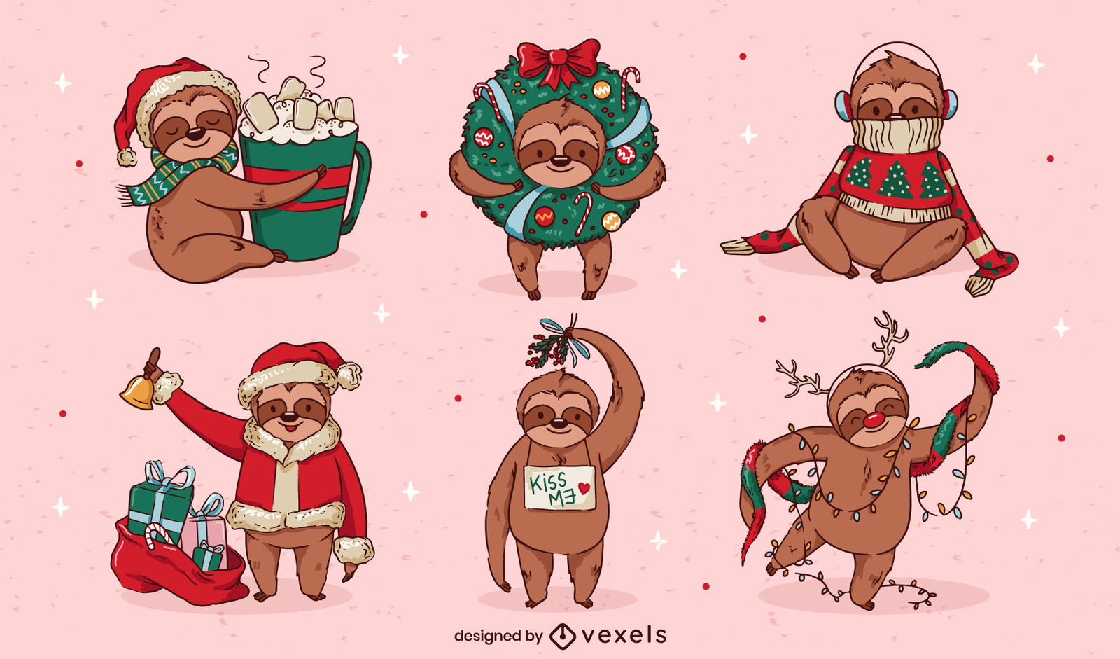 Funny Christmas Sloth Character Set Vector Download