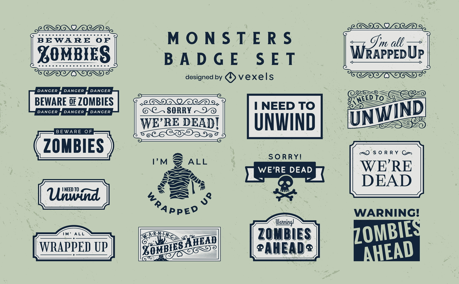 Zombie And Mummy Monsters Badge Set Vector Download