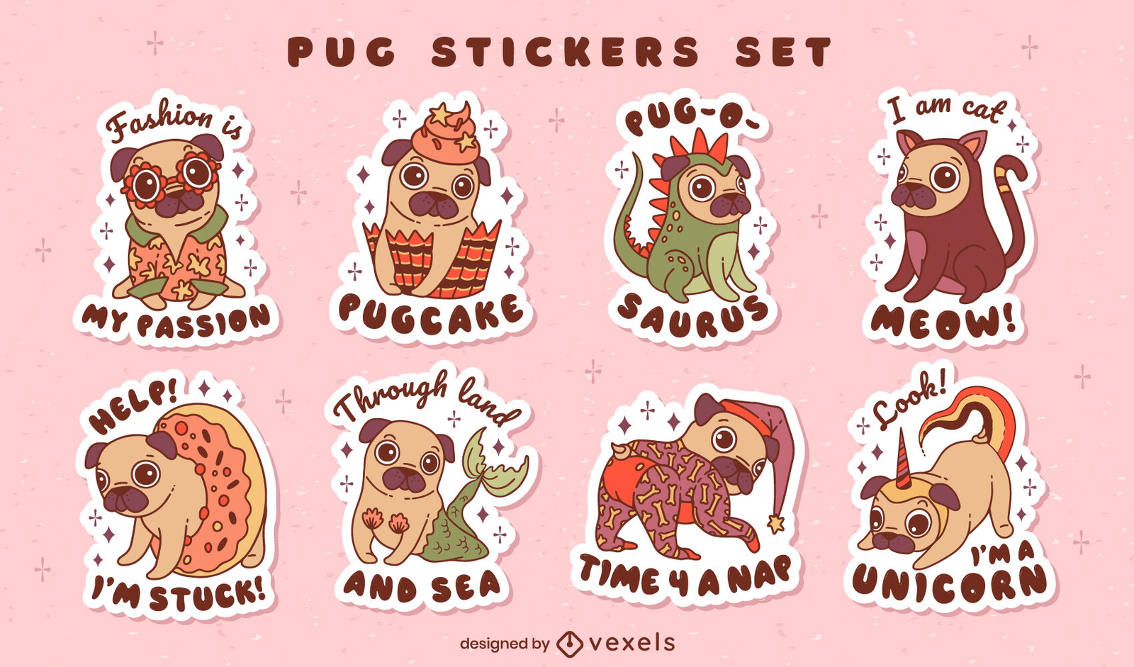 Cute Pug Dog Stickers Set Vector Download