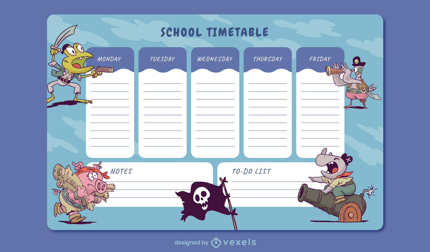 Funny Cartoon Pirate Animals School Timetable Vector Download