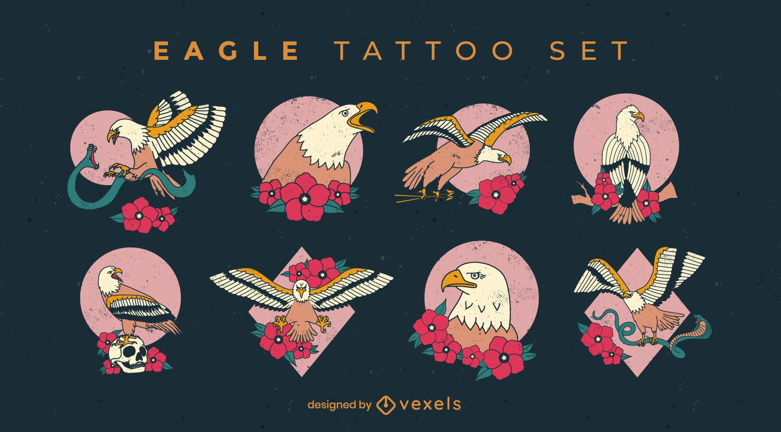 Eagle Animals And Flowers Badge Set Vector Download