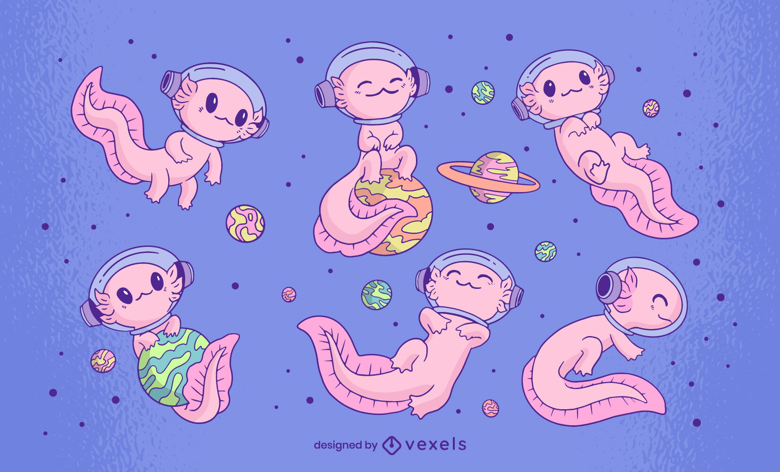 Baby Space Axolotl Character Set Vector Download