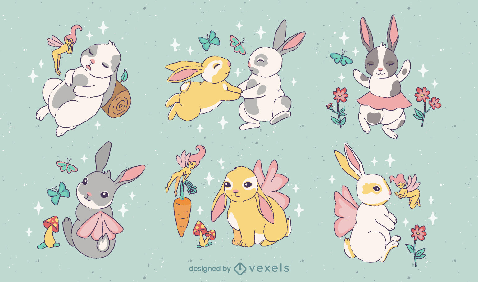Cute Fairy Rabbits Set Vector Download