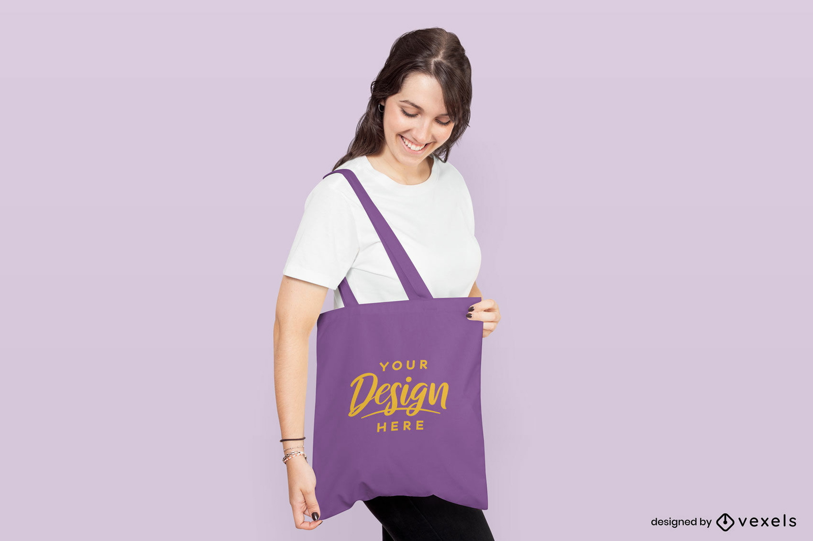 Female Model Purple Tote Bag Mockup PSD Editable Template