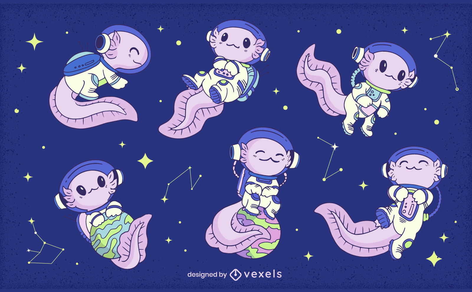Space Axolotls Character Set Vector Download