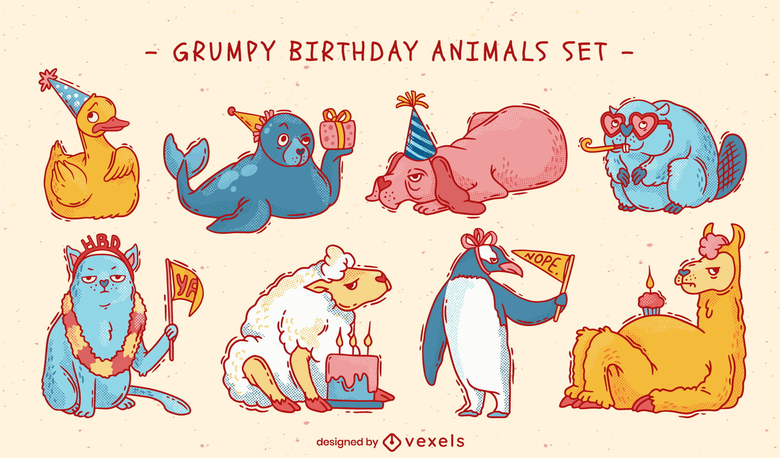 Grumpy Animals Birthday Set Vector Download