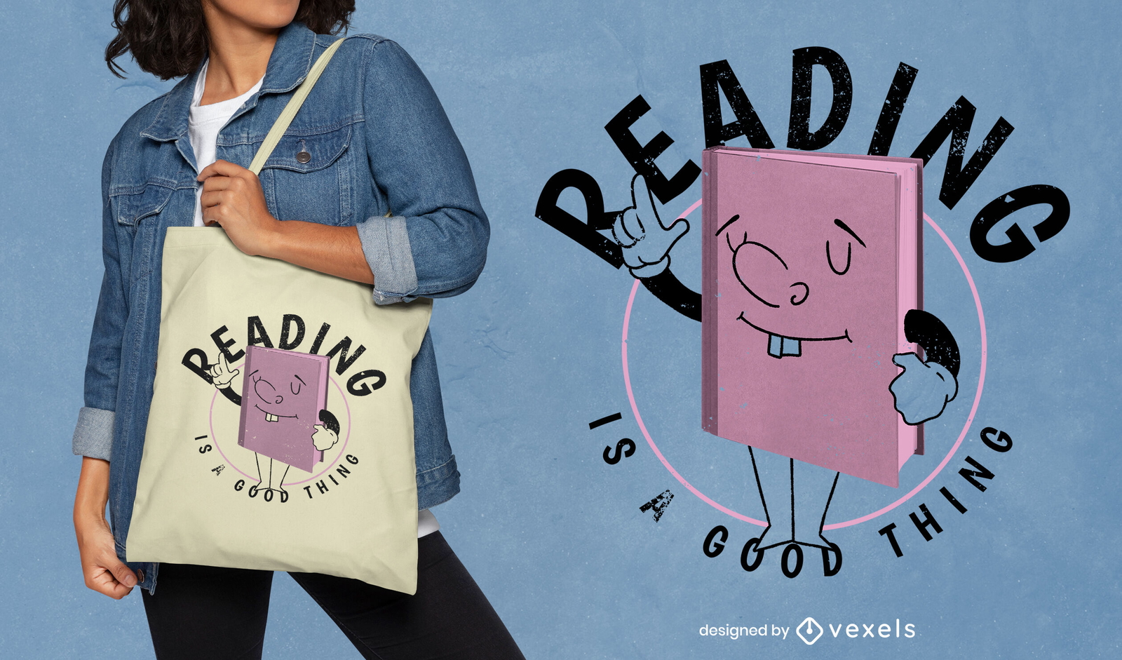 Funny Cartoon Book Tote Bag Design PSD Editable Template