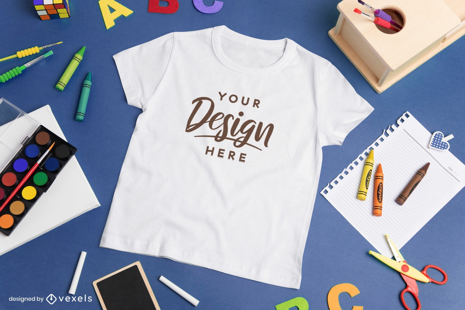 T-shirt Over Desk With School Supplies Mockup PSD Editable Template