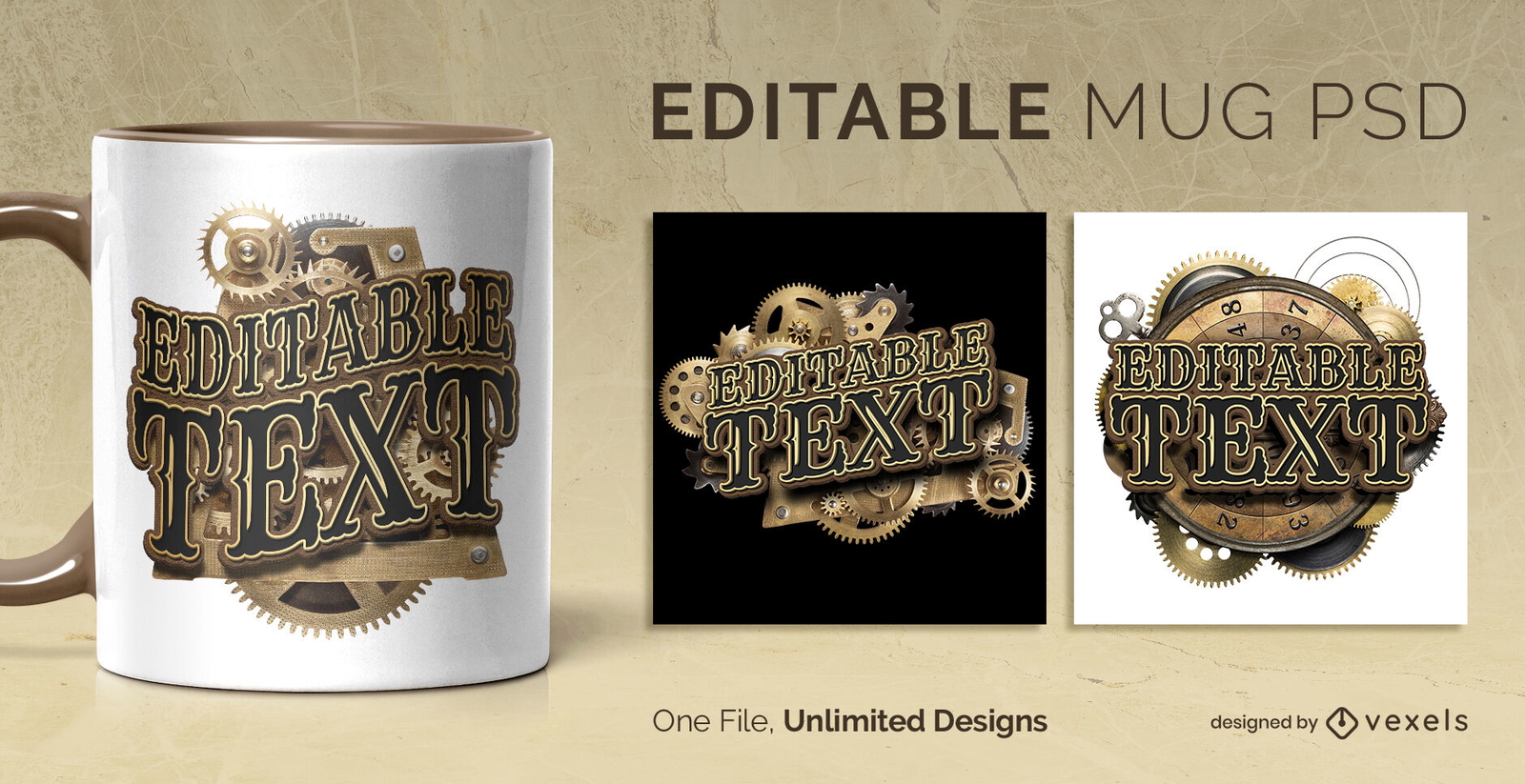 Steampunk Gears Scalable Mug Design Template PSD Editable Template