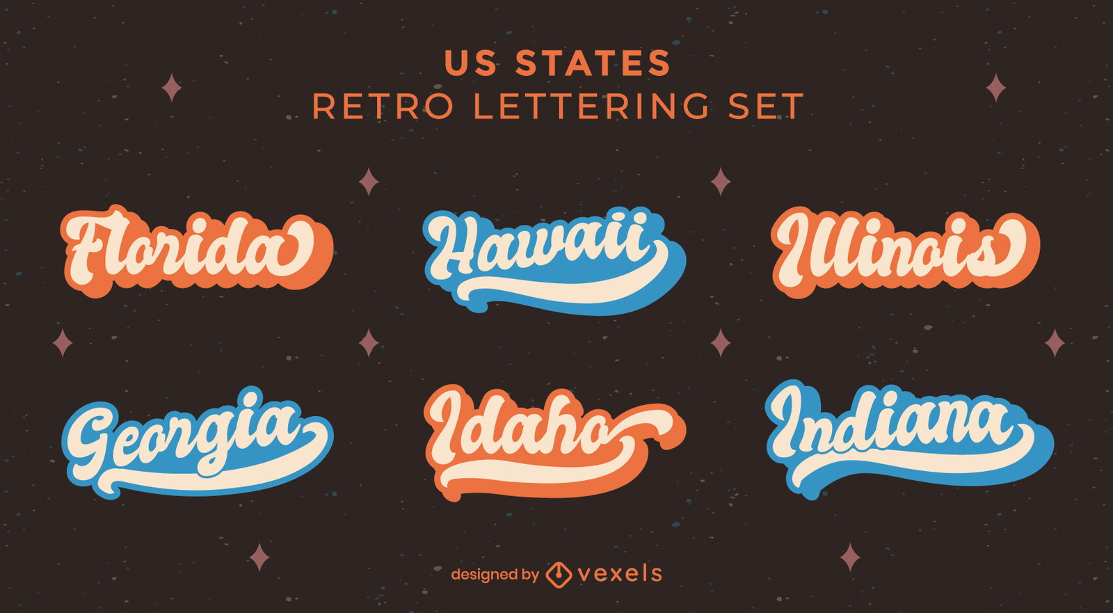 American State Names Retro Lettering Set Vector Download