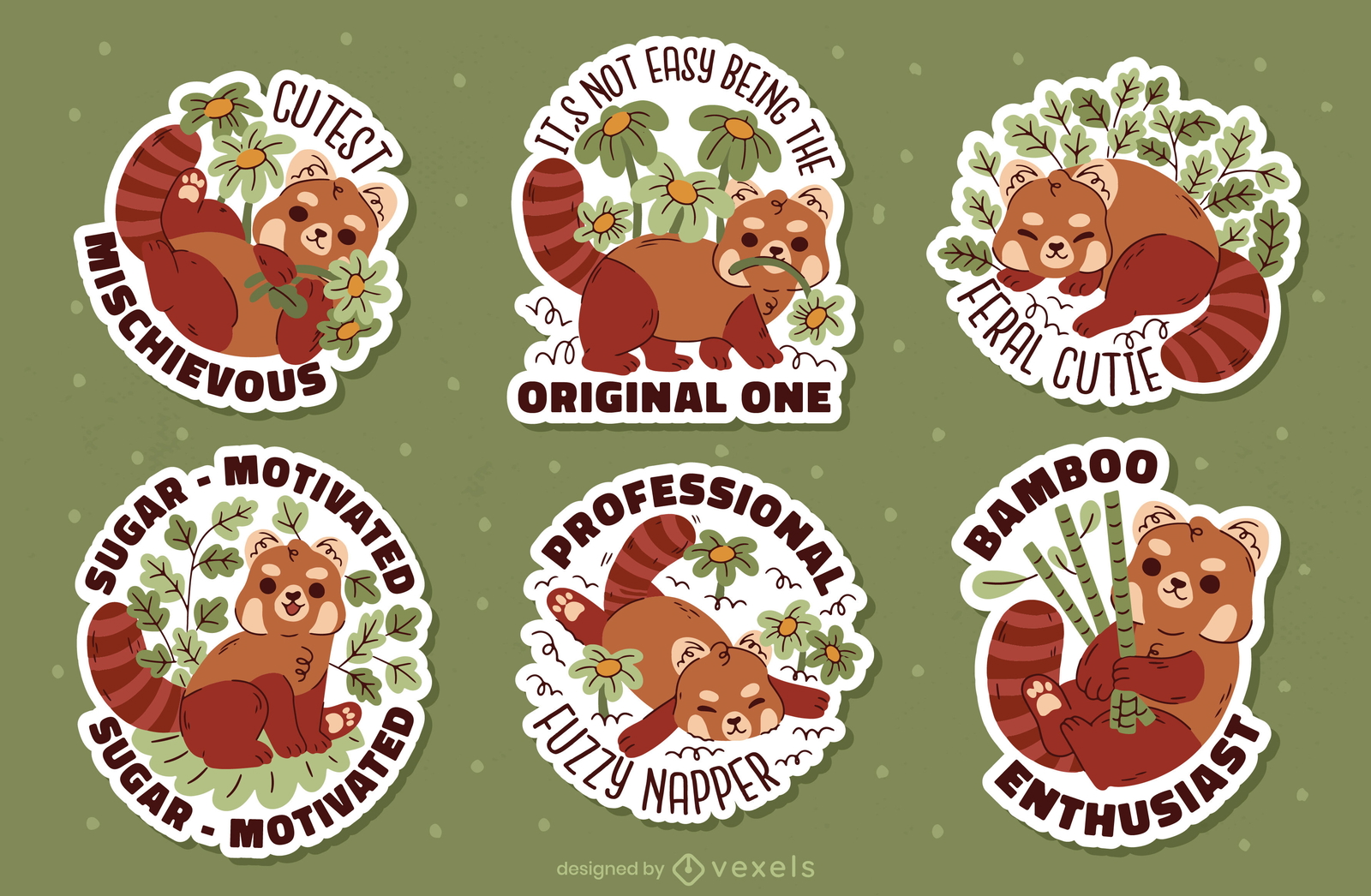 Red Panda Stickers Set Vector Download