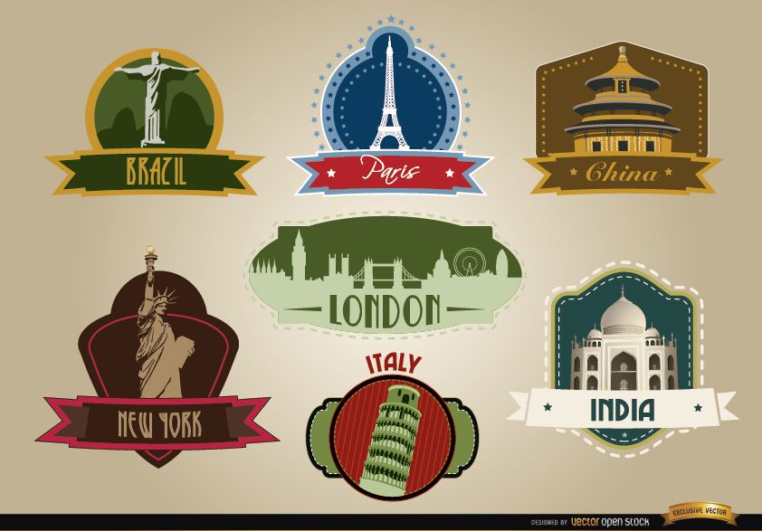 7 Countries Landmark Emblems Vector Download