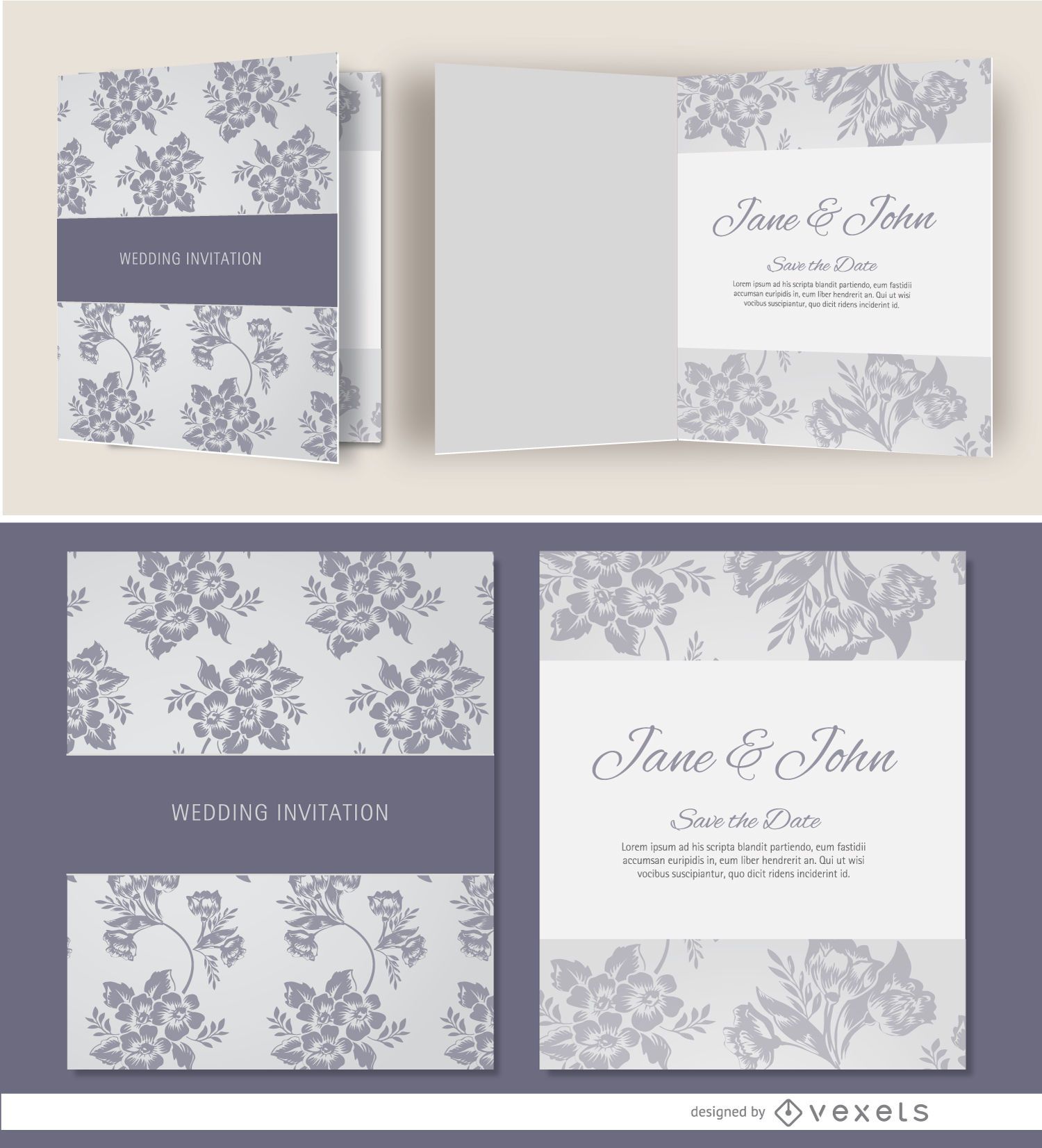 Open Gray Floral Wedding Invitation Vector Download