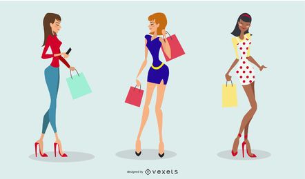 Descarga Vector De Conjunto De Dibujos Animados De Mujer De Compras De Moda