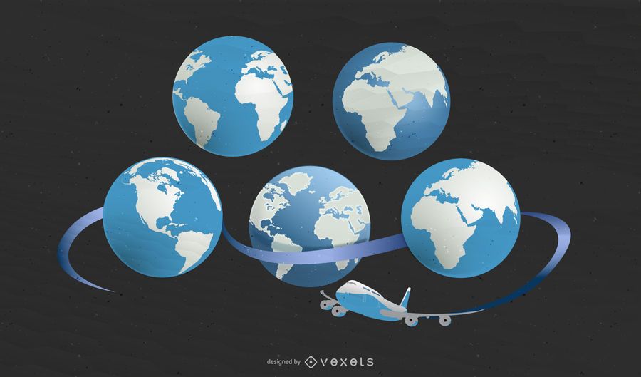 5 Earth Maps With Plane - Vector Download