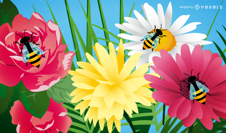 Cute Bee With Flowers Vector Download