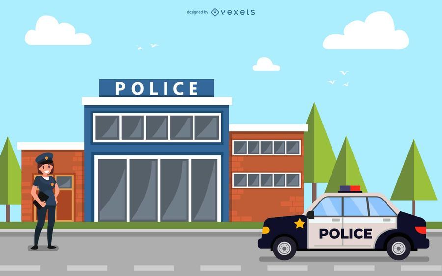 Ilustración De Comisaría Oficial Y Coche. - Descargar Vector